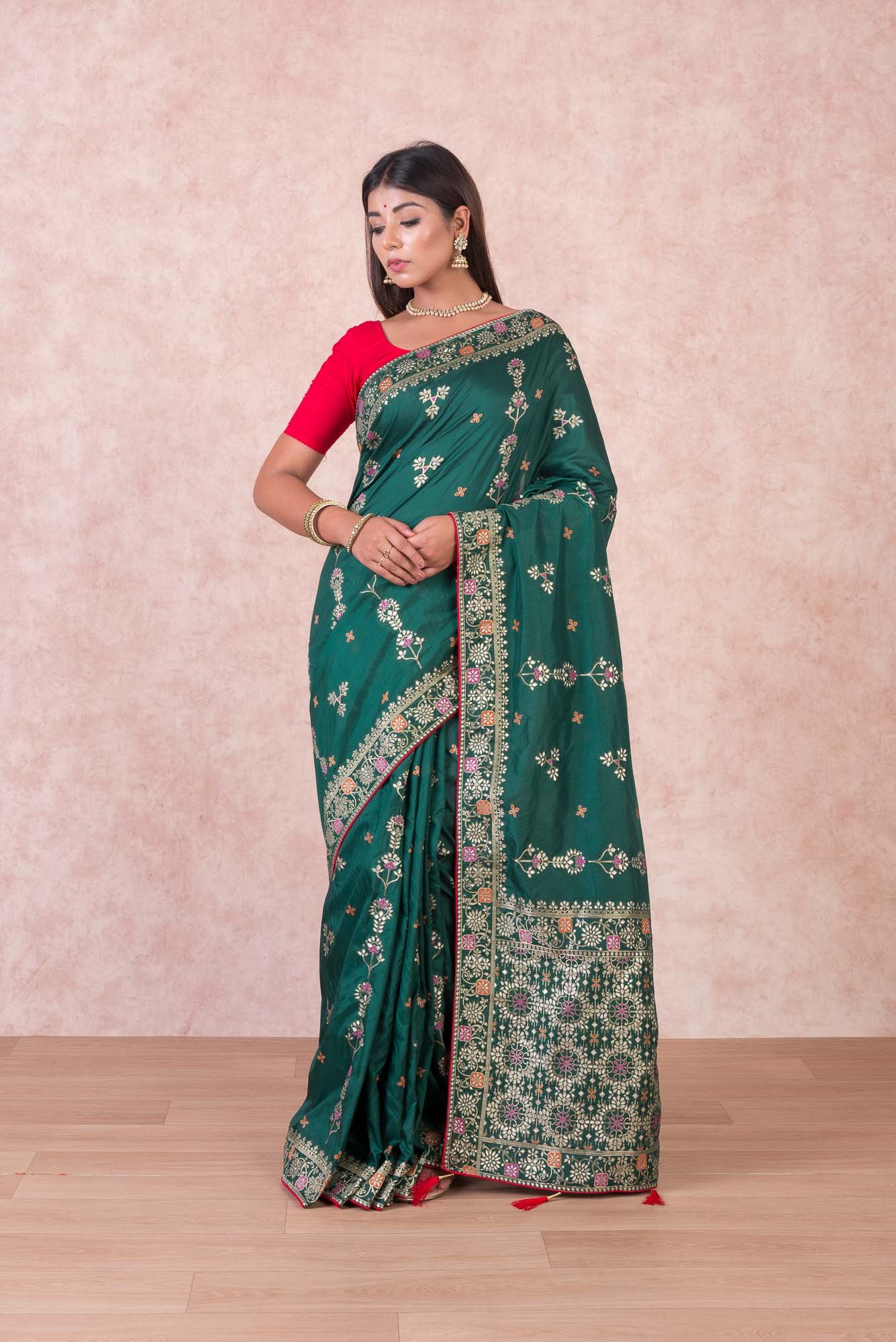 Green saree in Banarasi Silk fabric with woven Zari Design all over ...
