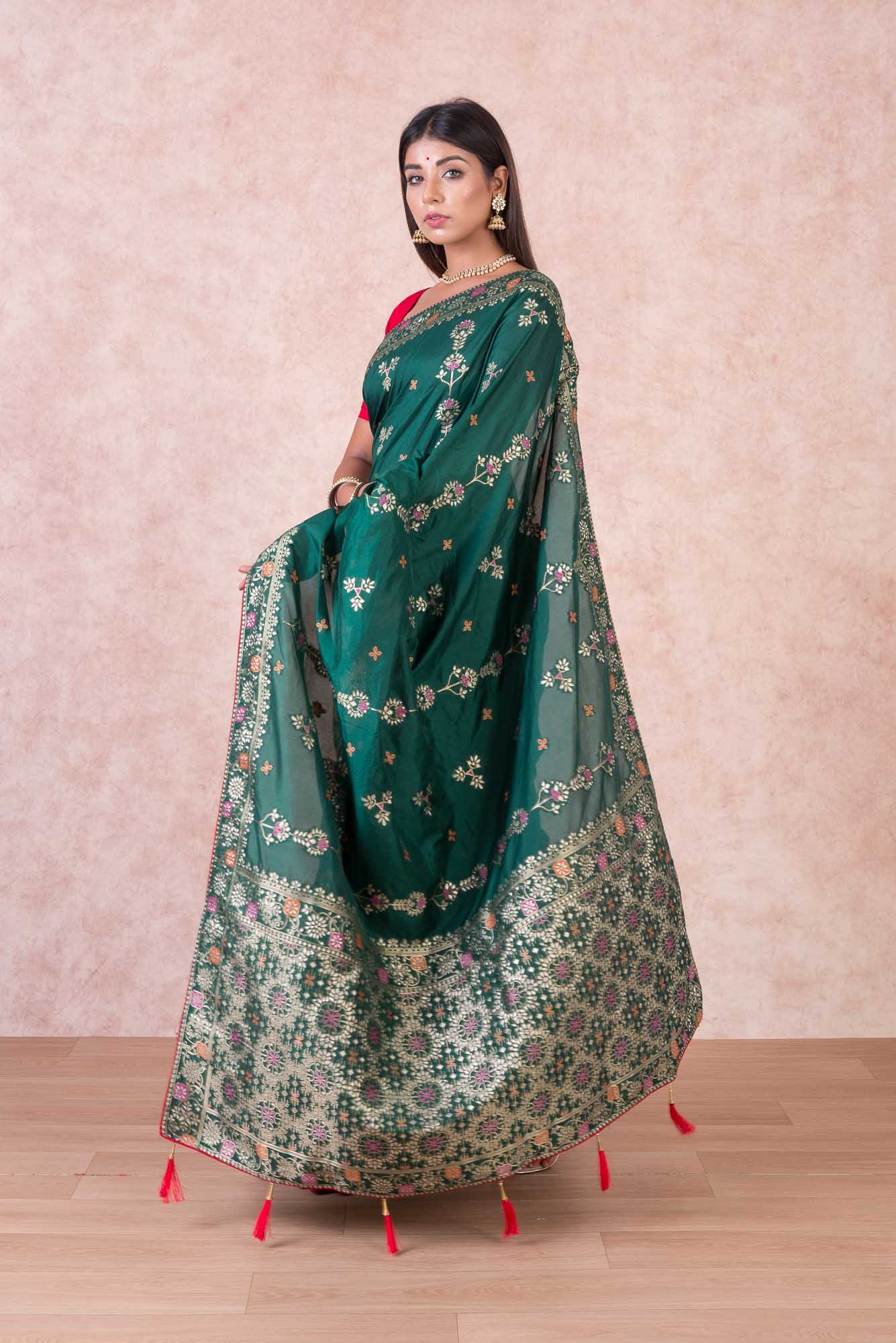 Green saree in Banarasi Silk fabric with woven Zari Design all over ...